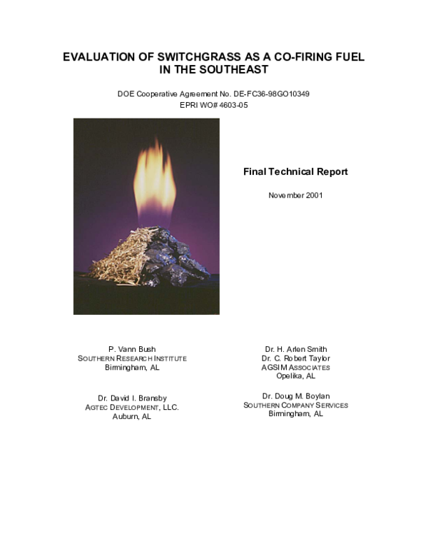 (PDF) Evaluation of Switchgrass as a co-firing fuel in the Southeast