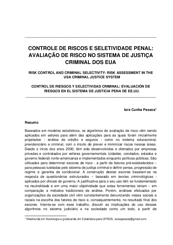(PDF) Controle de riscos e seletividade penal: avaliação de risco no ...