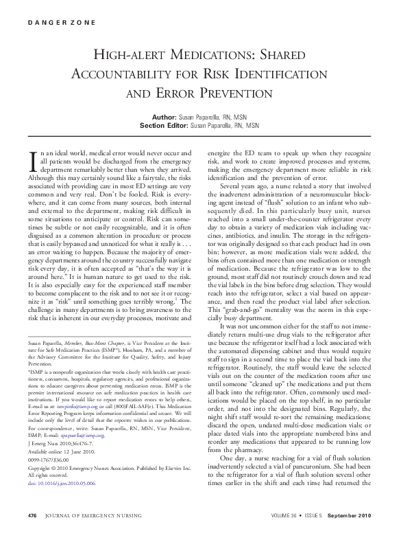 (PDF) High-alert Medications: Shared Accountability for Risk ...