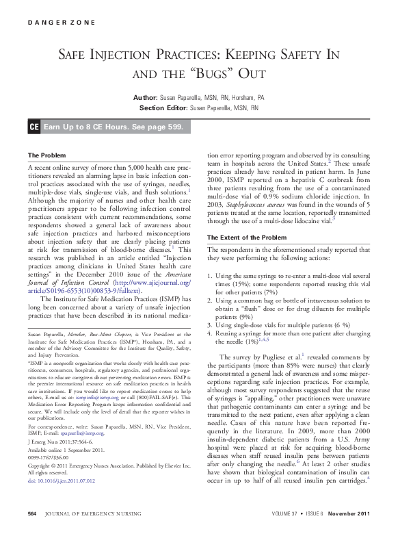 (PDF) Safe Injection Practices: Keeping Safety In and the “Bugs” Out