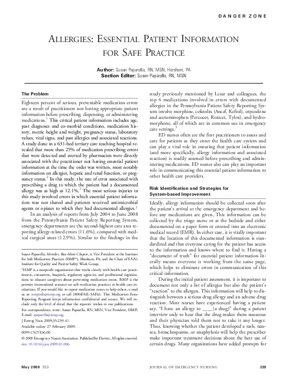 (PDF) Allergies: Essential Patient Information for Safe Practice
