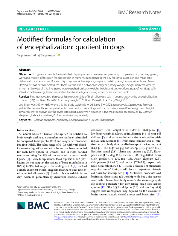 (PDF) Modified Formulas for Calculation of Encephalization Quotient in Dogs