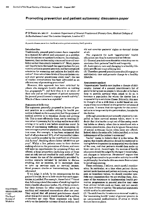 (PDF) Promoting Prevention and Patient Autonomy: Discussion Paper