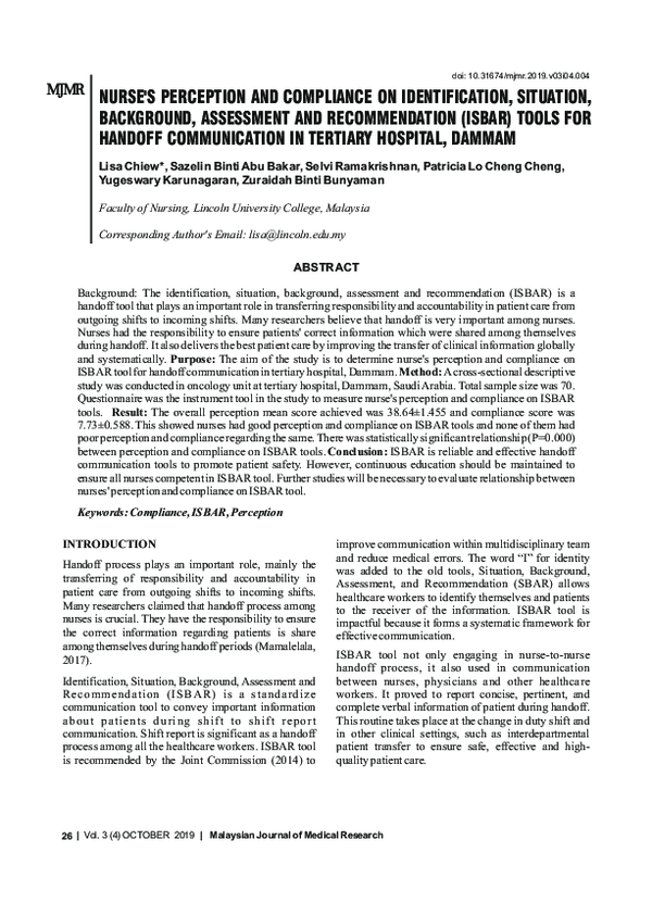 (PDF) Nurse’s Perception and Compliance on Identification, Situation ...