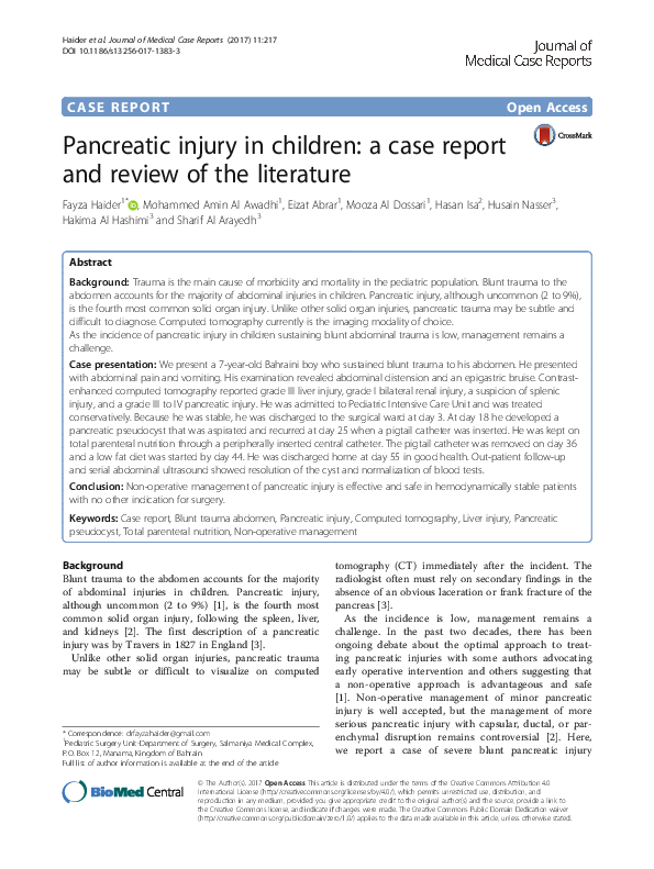 (PDF) Pancreatic injury in children: a case report and review of the ...