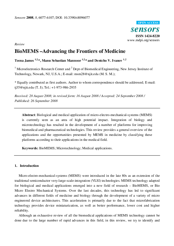 (PDF) BioMEMS –Advancing the Frontiers of Medicine