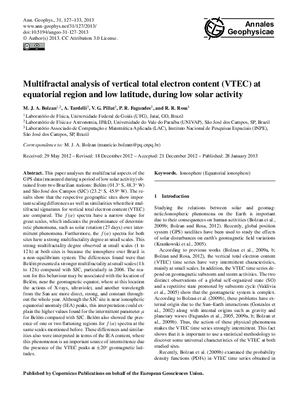 (PDF) Multifractal analysis of vertical total electron content (VTEC) at equatorial region and ...