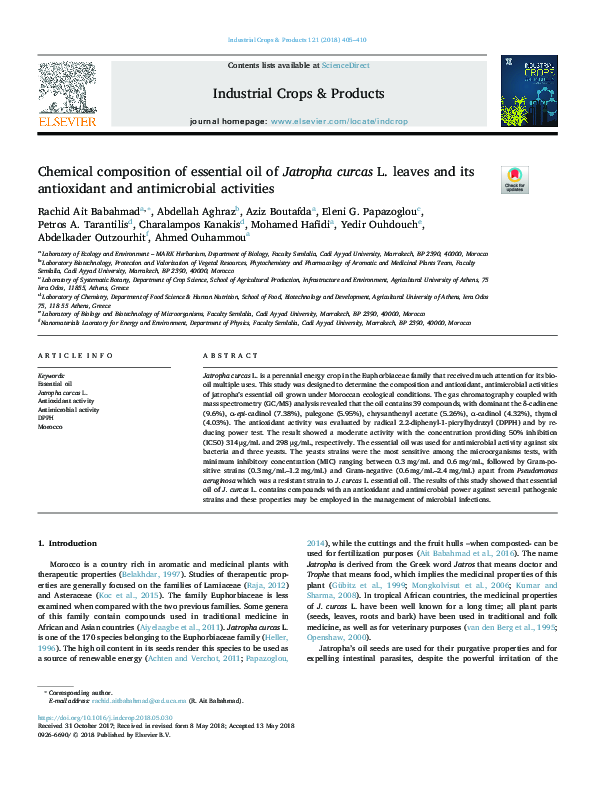 (PDF) Chemical composition of essential oil of Jatropha curcas L. leaves and its antioxidant and ...