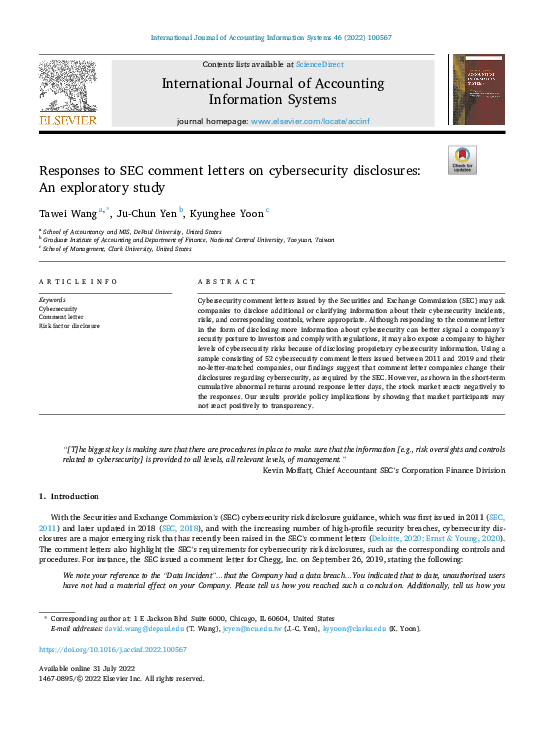 (PDF) Responses to SEC comment letters on cybersecurity disclosures: An ...