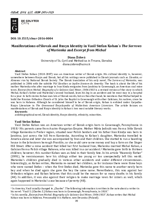 (PDF) Manifestations of Slovak and Rusyn Identity in Vasil Stefan Koban ...