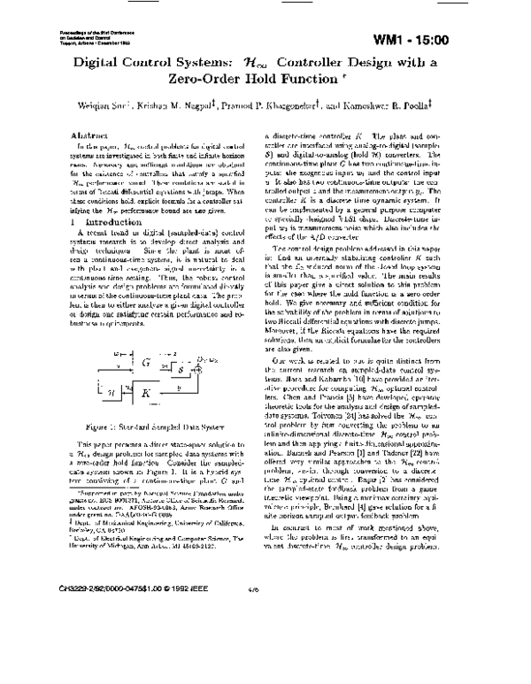 Pdf Digital Control Systems H∞ Controller Design With A Zero Order Hold Function