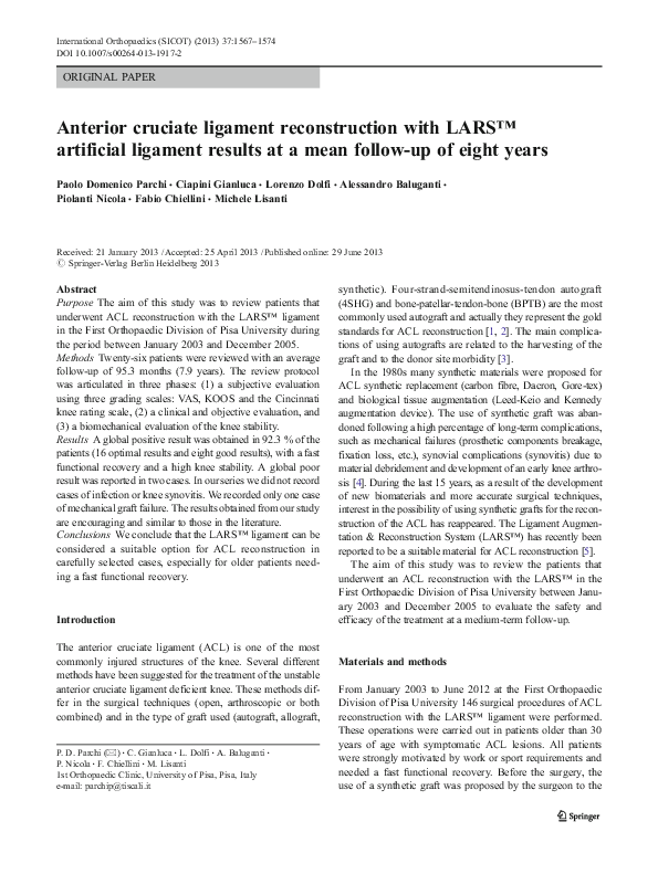 (PDF) Anterior cruciate ligament reconstruction with LARS™ artificial ...