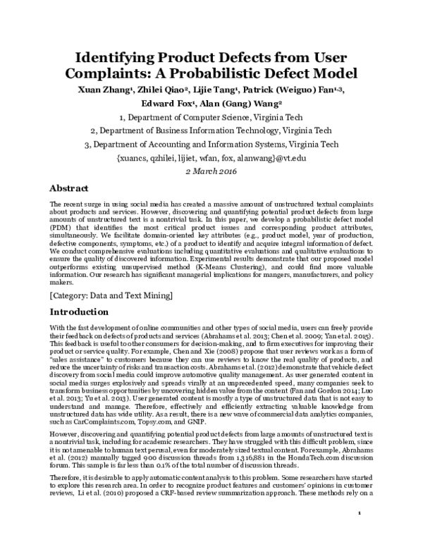 (PDF) Probabilistic Model for Identifying Product Defects in Complaints