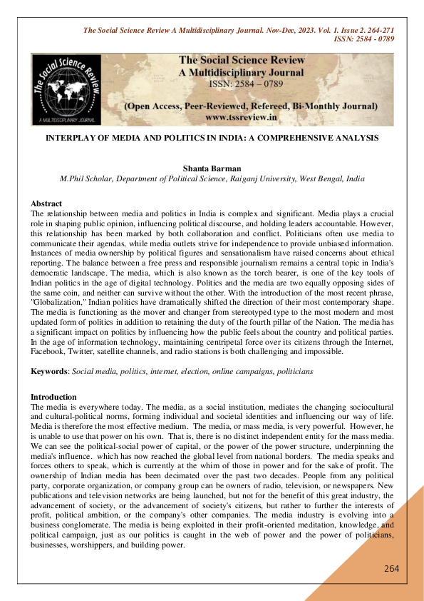 (PDF) INTERPLAY OF MEDIA AND POLITICS IN INDIA: A COMPREHENSIVE ANALYSIS