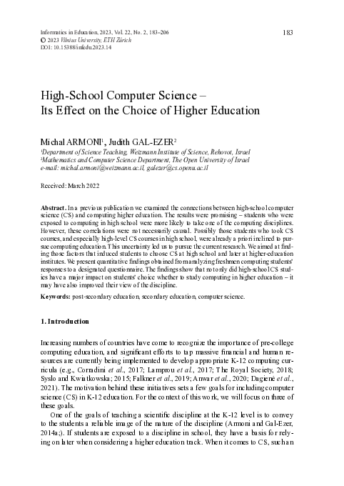 (PDF) High-School Computer Science – Its Effect on the Choice of Higher ...