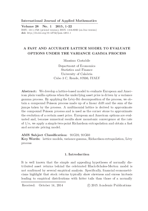(PDF) A Fast and Accurate Lattice Model to Evaluate Options Under the Variance Gamma Process