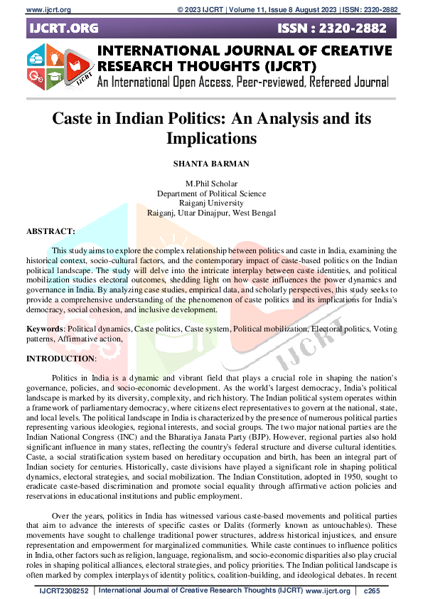 (PDF) Caste in Indian Politics: An Analysis and its Implications