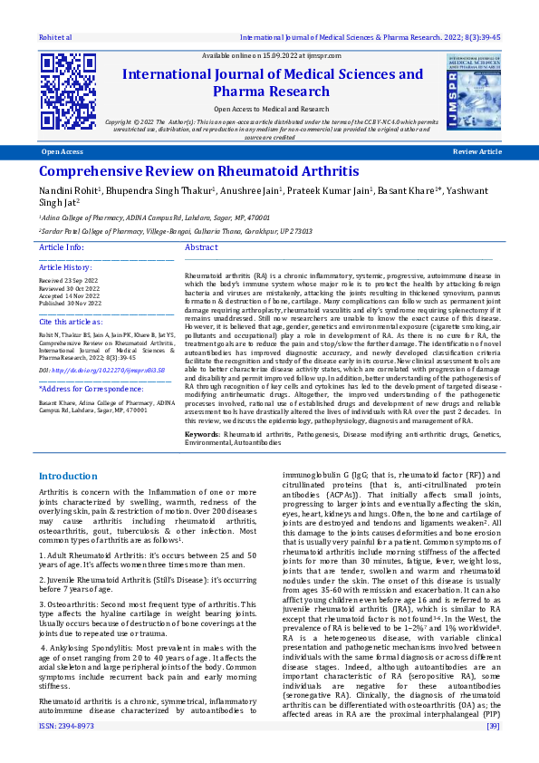 Pdf Comprehensive Review On Rheumatoid Arthritis 1130
