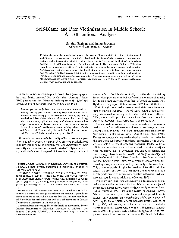 (PDF) Self-blame and peer victimization in middle school: An ...