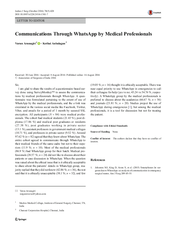 (PDF) Communications Through WhatsApp by Medical Professionals