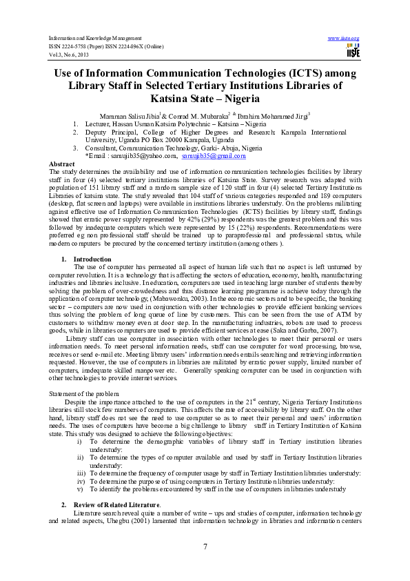 (PDF) Use of Information Communication Technologies (ICTS) among Library Staff in Selected ...