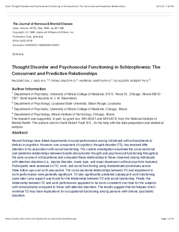 (PDF) Thought Disorder and Psychosocial Functioning in Schizophrenia