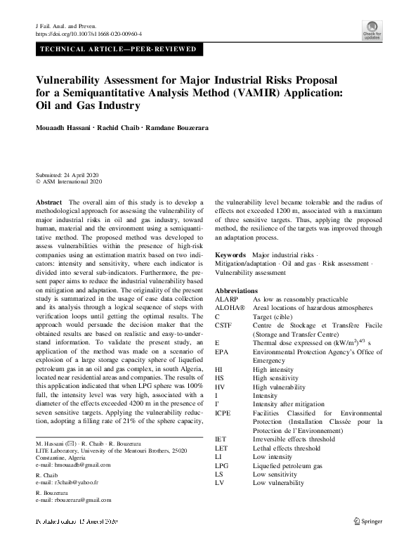 (PDF) Vulnerability Assessment for Major Industrial Risks Proposal for a Semiquantitative ...