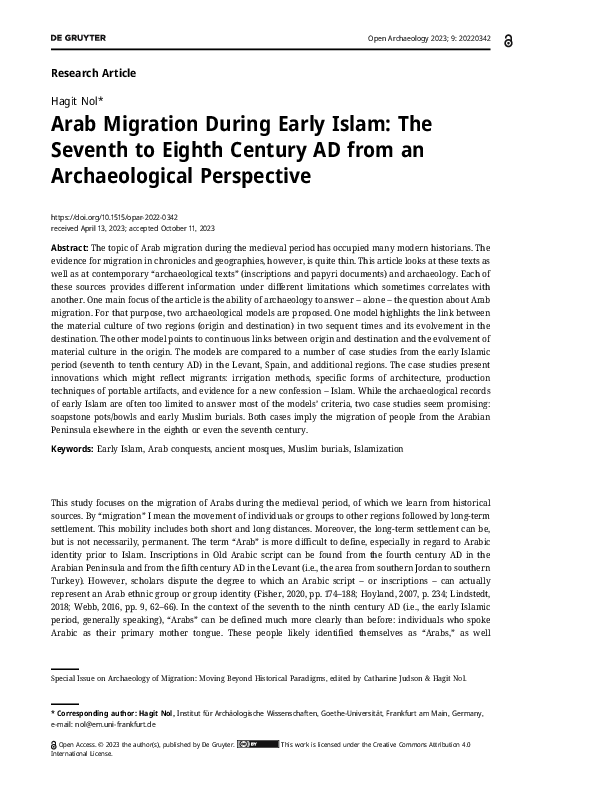 (PDF) Arab Migration in Early Islam: Archaeological Insights