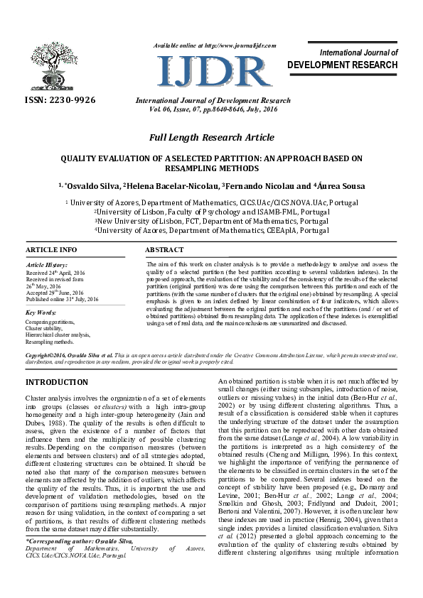 (PDF) Quality evaluation of a selected partition : An approach based on resampling methods