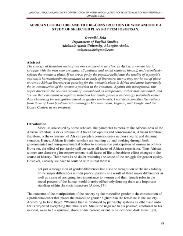 (PDF) African Literature and the Re-Construction of Womanhood: A Study ...