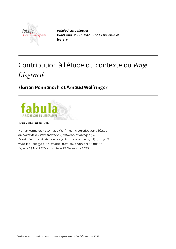 (PDF) Contribution à l’étude du contexte du Page Disgracié