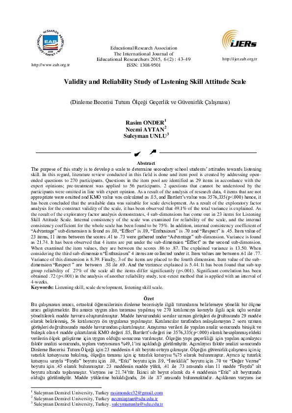 (PDF) Validity and Reliability Study of Listening Skill Attitude Scale