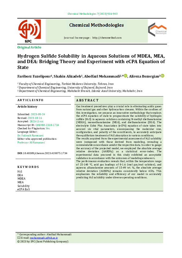 (PDF) Hydrogen Sulfide Solubility in Aqueous Solutions of MDEA, MEA ...