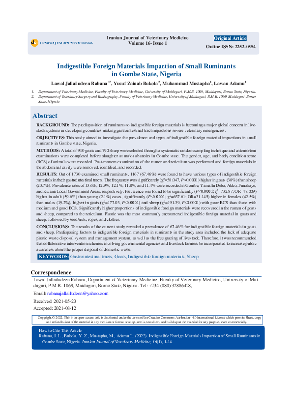 (PDF) Indigestible Foreign Materials Impaction of Small Ruminants In ...