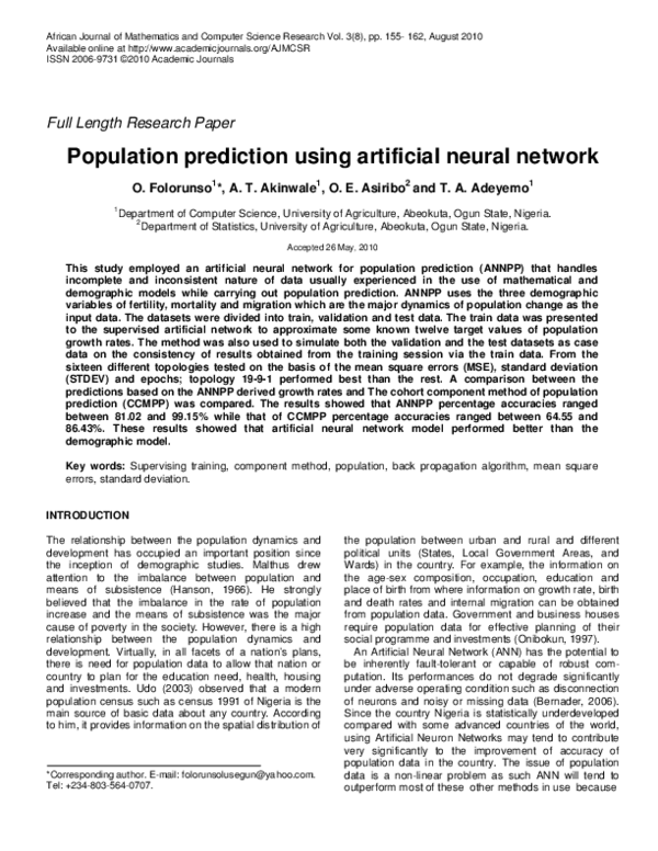 (PDF) Population prediction using artificial neural network