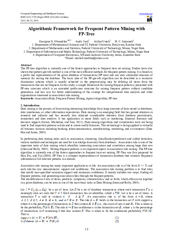 Pdf Algorithmic Framework For Frequent Pattern Mining With Fp Tree Georgina Obunadike
