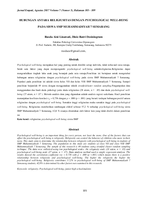 (PDF) Hubungan Antara Religiusitas Dengan Psychological Well-Being Pada Siswa SMP Muhammadiyah 7 ...