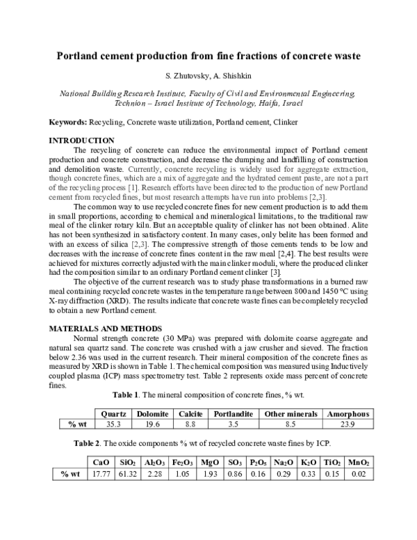 (PDF) Portland Cement Production from Fine Fractions of Concrete Waste