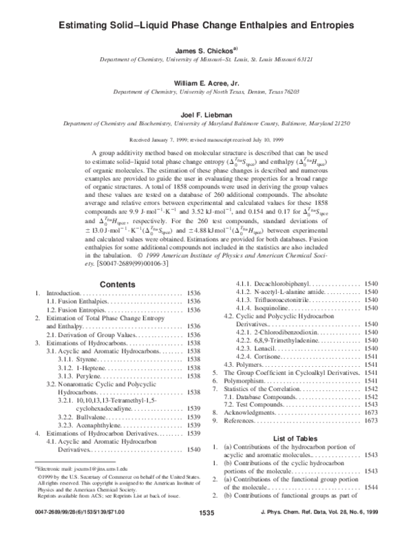 (PDF) Estimating Solid–Liquid Phase Change Enthalpies and Entropies | James Chickos - Academia.edu