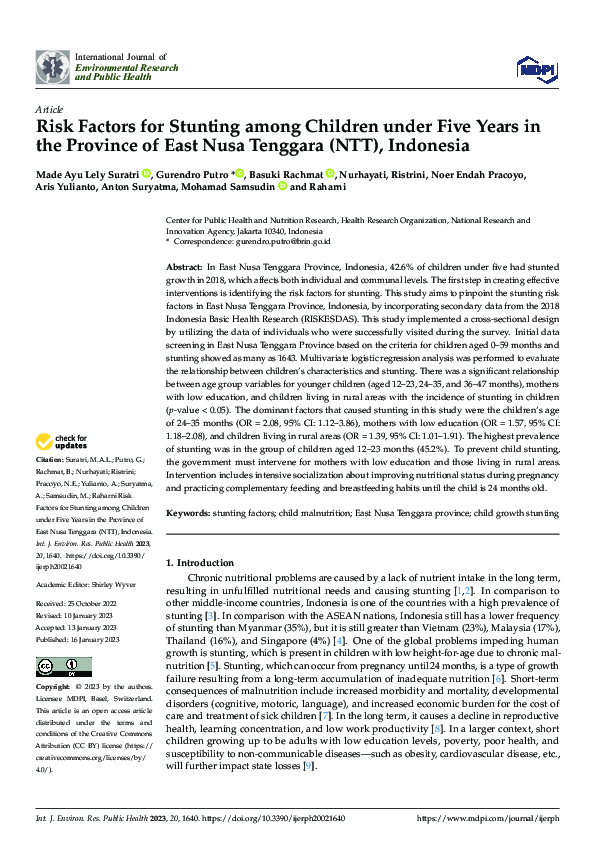 (PDF) Risk Factors for Stunting among Children under Five Years in the Province of East Nusa ...