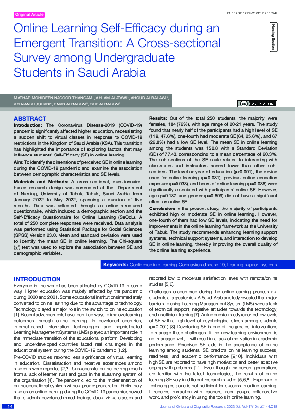 (PDF) Online Learning Self-Efficacy during an Emergent Transition: A Cross-sectional Survey ...