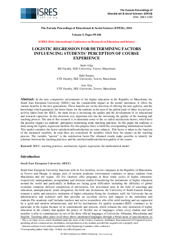 (PDF) Logistic Regression Analysis of Student Course Experience Factors
