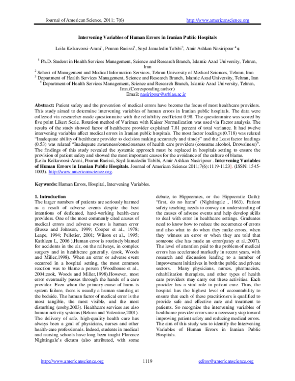 (PDF) Intervening Variables of Human Errors in Iranian Public Hospitals