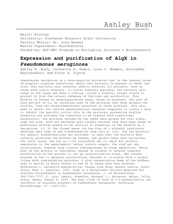 (PDF) Expression and purification of AlgX in Pseudomonas aeruginosa