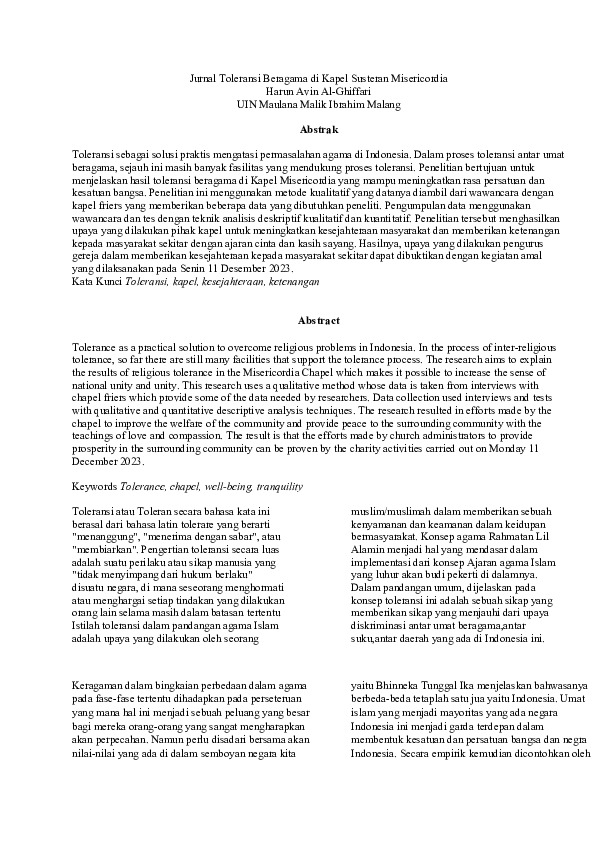 (DOC) Jurnal Toleransi Beragama di Kapel Susteran Misericordia 3