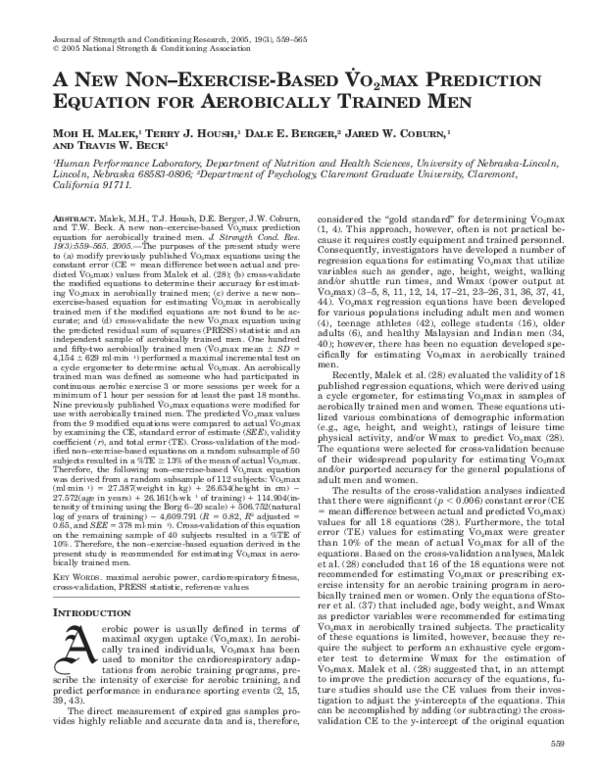 (PDF) ANEW NON--EXERCISE-BASED VO2MAX PREDICTION EQUATION FOR AEROBICALLY TRAINED MENz