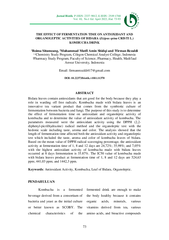 (PDF) THE EFFECT OF FERMENTATION TIME ON ANTIOXIDANT AND ORGANOLEPTIC ACTIVITIES OF BIDARA ...