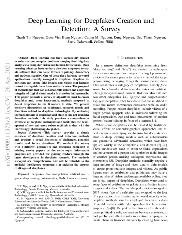 (PDF) Deep Learning for Deepfakes Creation and Detection: A Survey