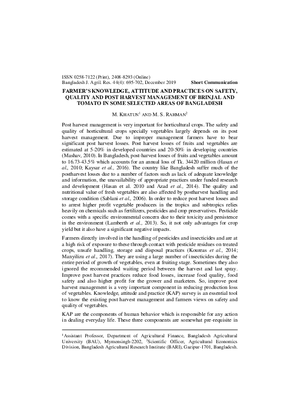 (PDF) Farmer’s knowledge, attitude and practices on safety, quality and post harvest management ...
