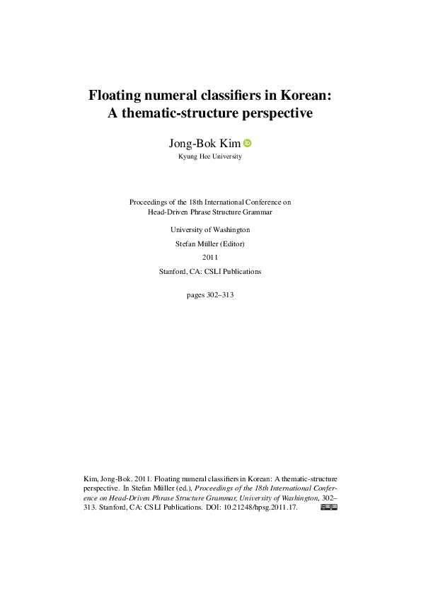 (PDF) Floating numeral classifiers in Korean: A thematic-structure perspective